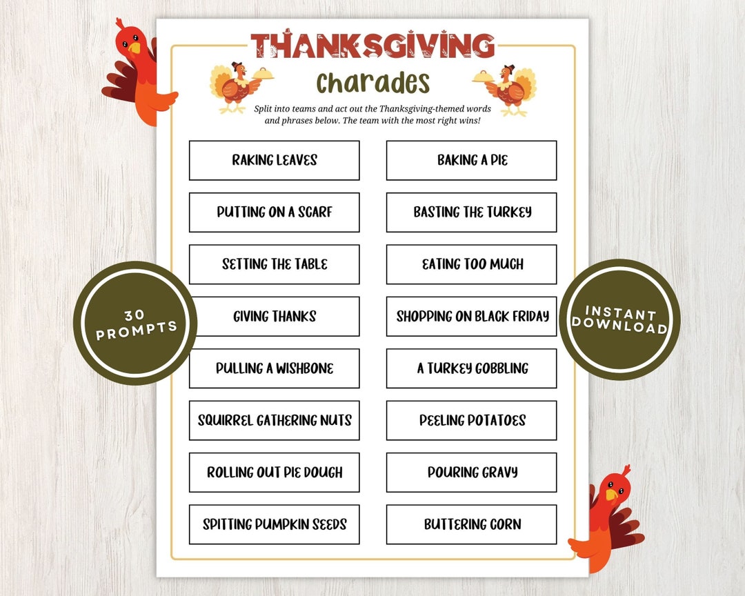 Printable Thanksgiving Charades Game for Kids, 30 Prompts With ...