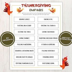 Printable Thanksgiving Charades Game for Kids, 30 Prompts With ...