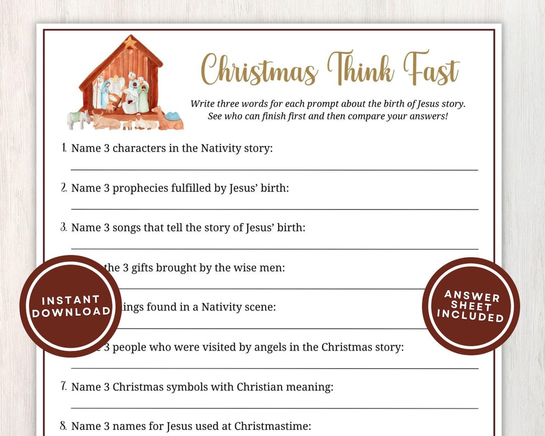 Christian Christmas Think Fast Printable Game, Think Quick Icebreaker ...