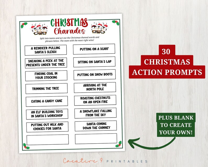 Printable Christmas Charades Game for Kids, 30 Prompts With Christmas ...
