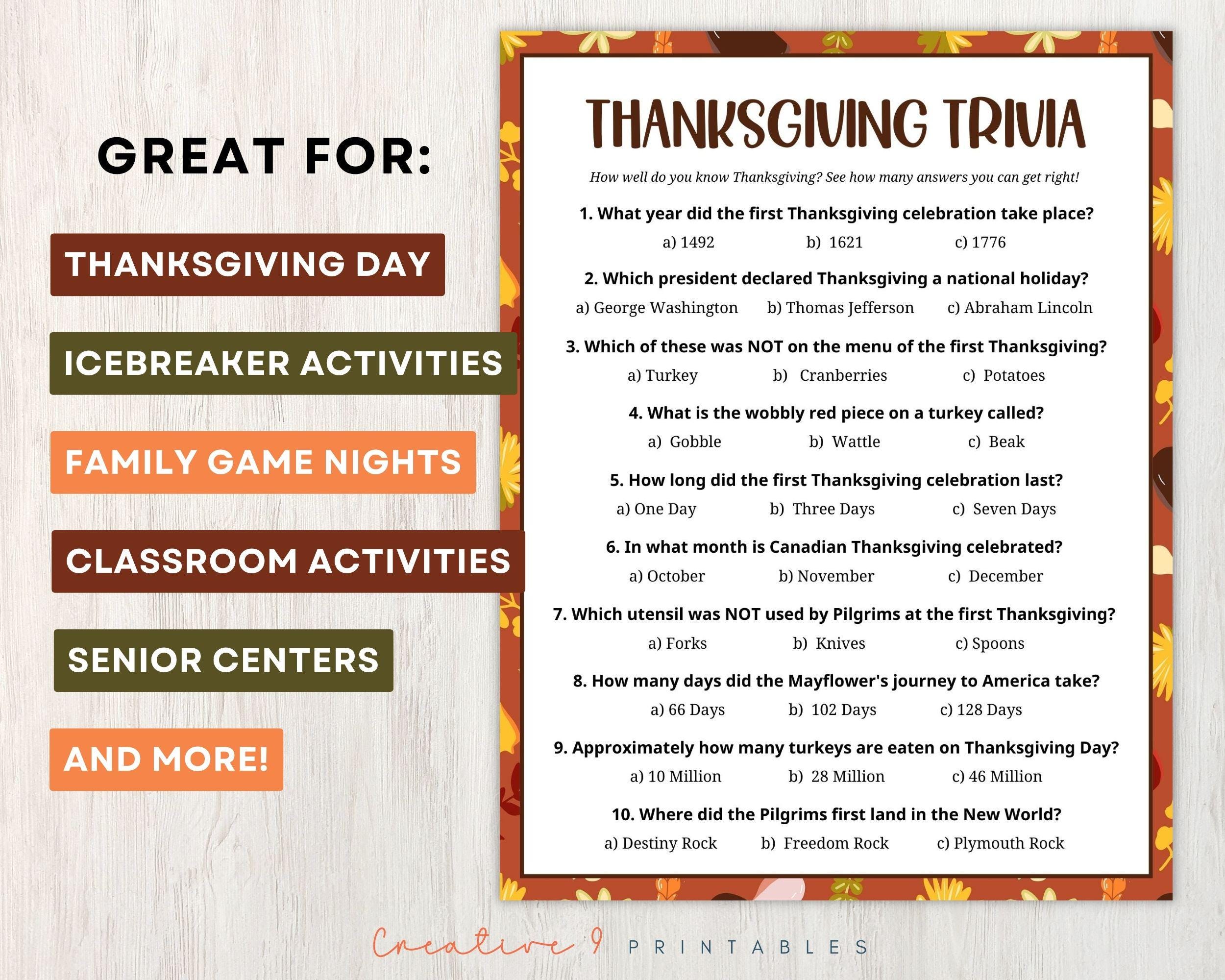 Thanksgiving Trivia Game Printable for Kids and Adults, 10 Thanksgiving ...