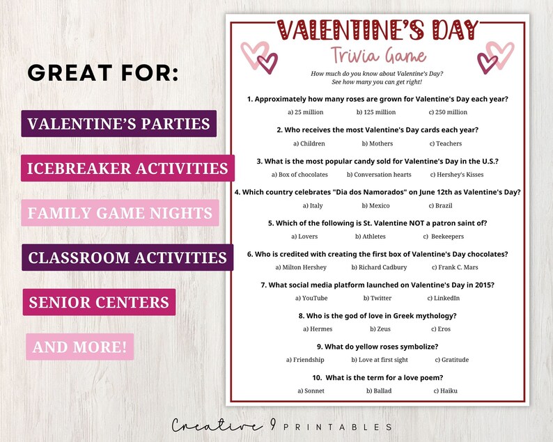 Valentine's Day Trivia Printable Game for Kids and Adults, 10 Fun ...