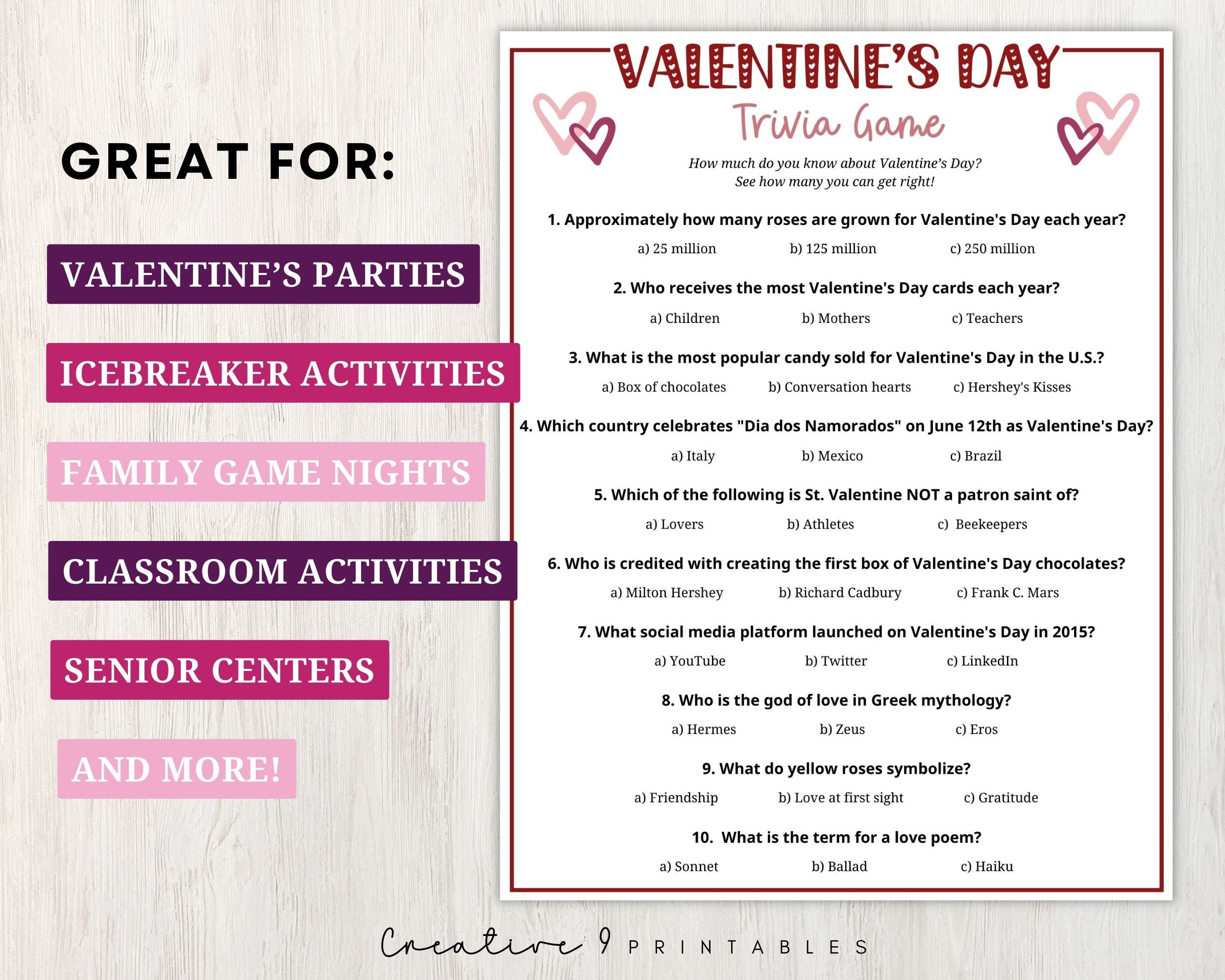 Valentine's Day Trivia Printable Game for Kids and Adults, 10 Fun ...