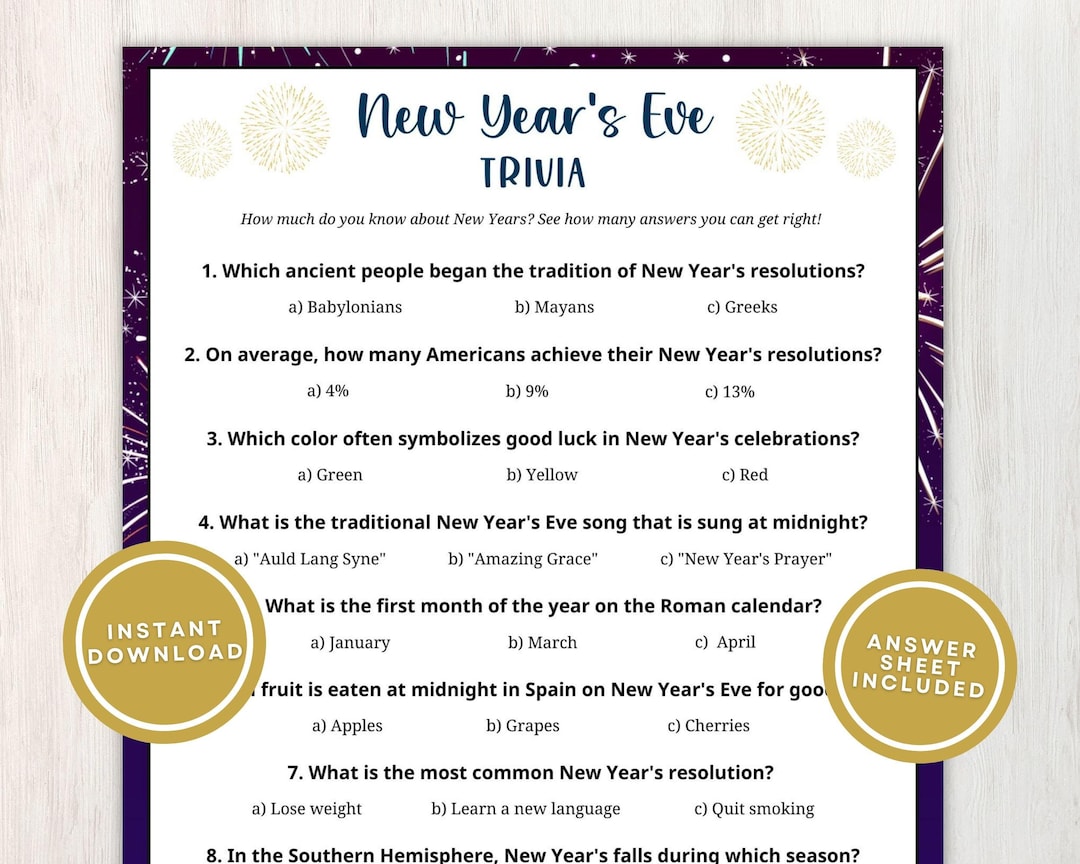 New Year's Eve Trivia Game for Adults and Kids, 10 Printable Trivia ...
