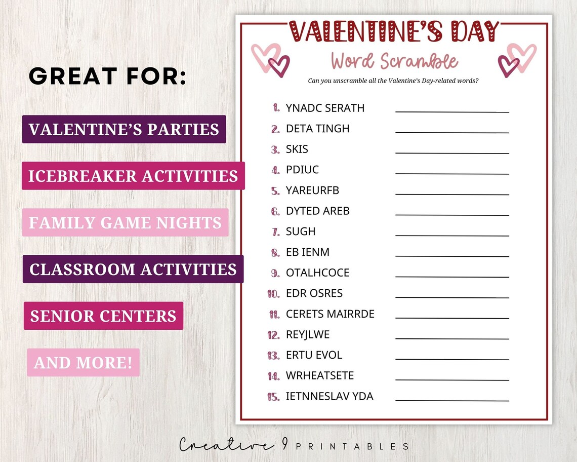 Printable Valentine Word Scramble Game for Kids and Adults, 15 ...