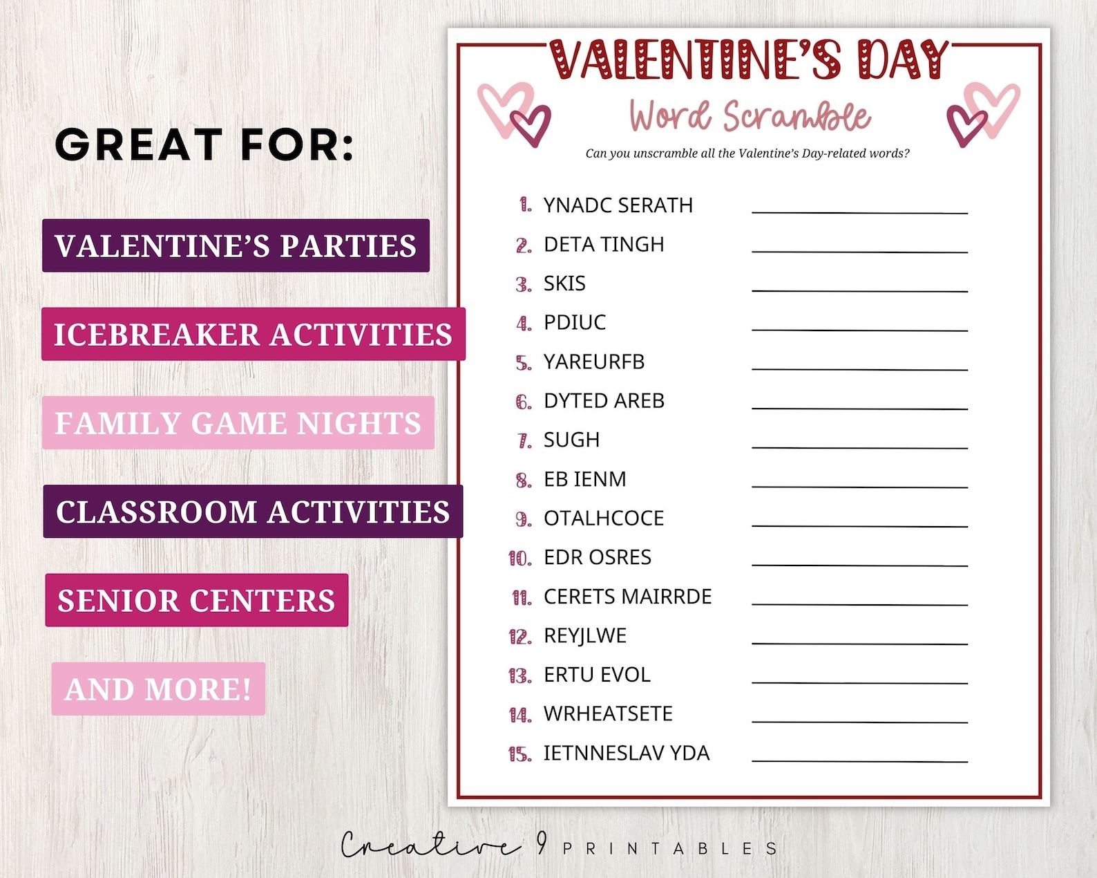 Printable Valentine Word Scramble Game for Kids and Adults, 15 ...