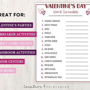 Printable Valentine Word Scramble Game for Kids and Adults, 15 ...