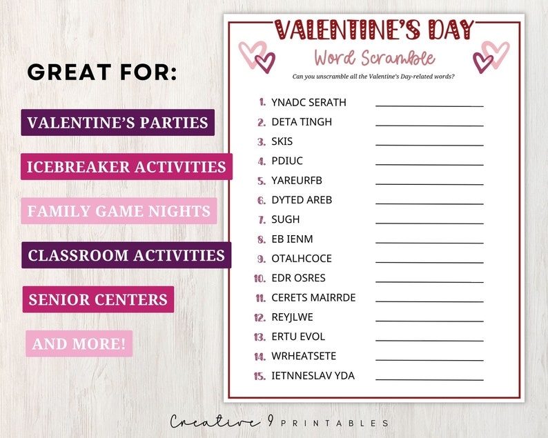 Valentine Word Scramble Printable Game for Kids and Adults, 15 ...