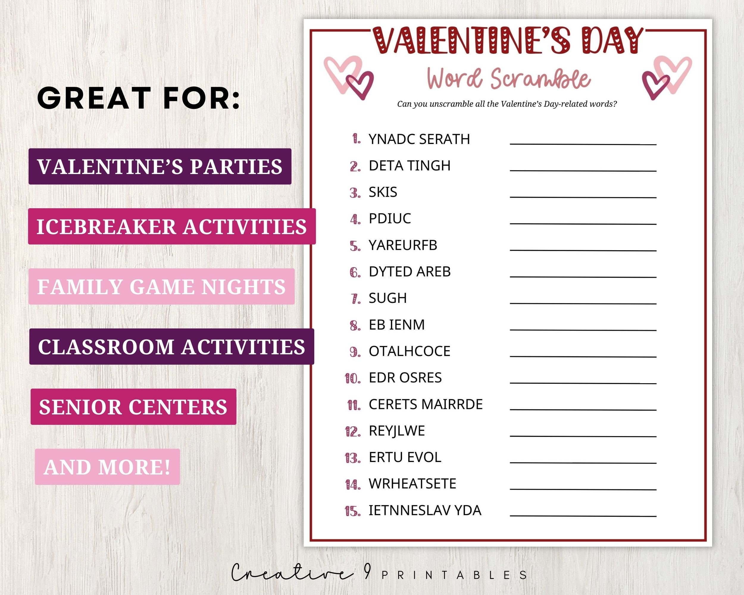 Printable Valentine Word Scramble Game for Kids and Adults, 15 ...