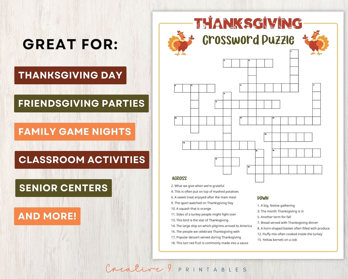 Printable Thanksgiving Crossword Puzzle for Kids and Adults, Crossword ...
