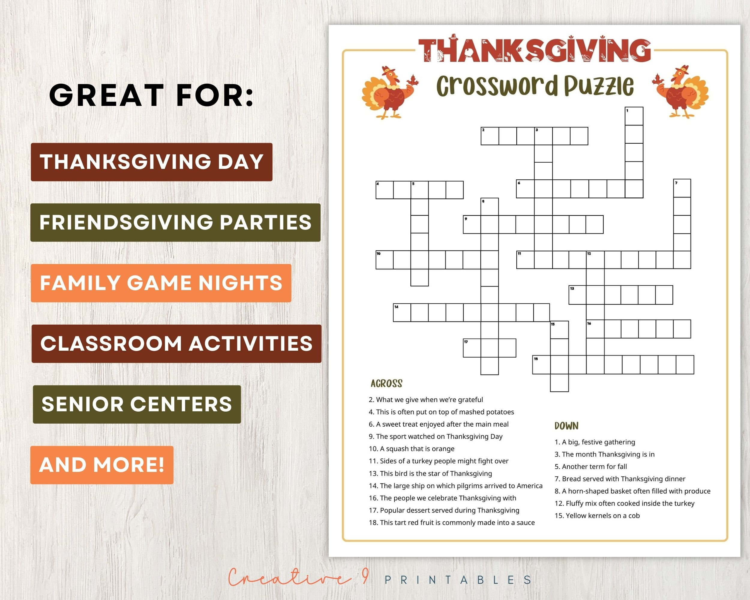 Printable Thanksgiving Crossword Puzzle for Kids and Adults, Crossword ...
