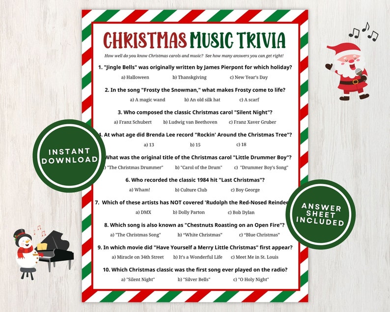 Printable Christmas Carol Trivia Game for Adults and Kids, 10 Fun ...
