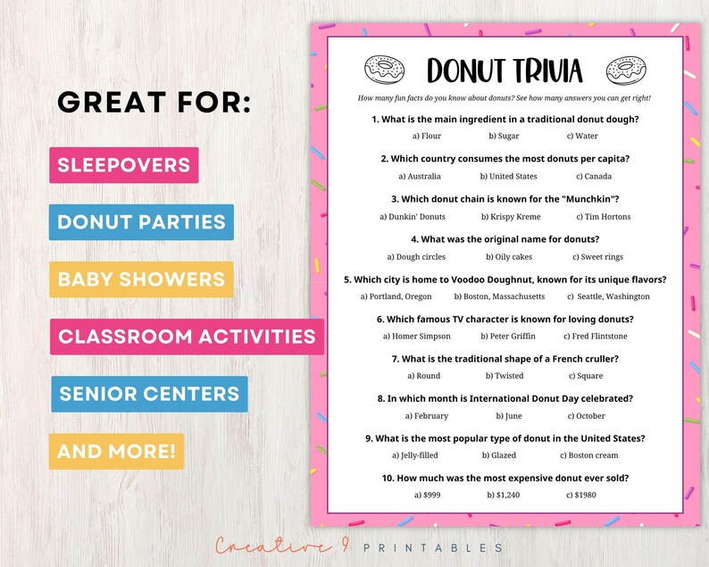Donut Trivia Printable Game for Kids and Adults, 10 Doughnut Questions ...