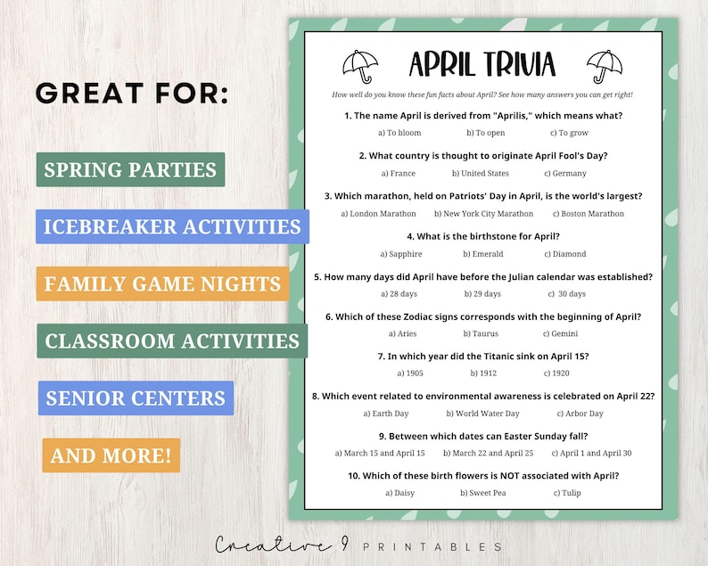 April Trivia Printable Game for Kids and Adults, 10 Fun Facts Quiz ...
