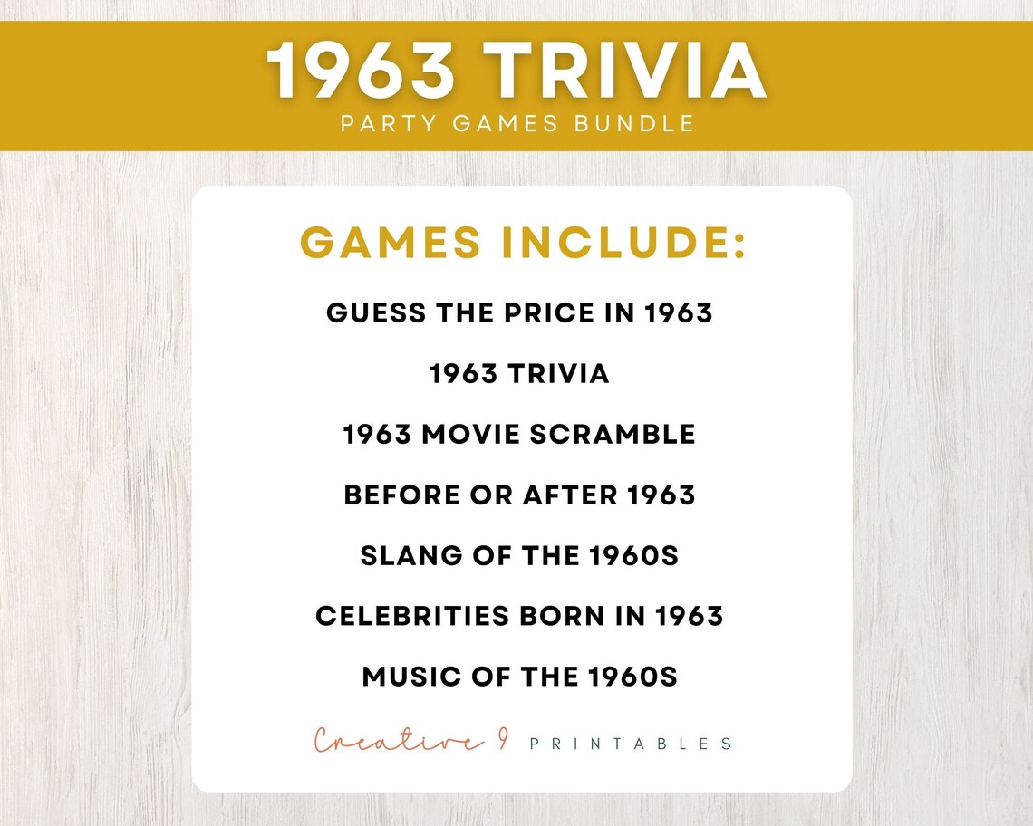 1963 Trivia Game Bundle, Born in 1963 Party Games for Birthday or ...