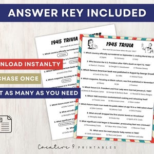 1945 Trivia With Answers, Printable 80th Birthday Game, 10 Fun Quiz ...