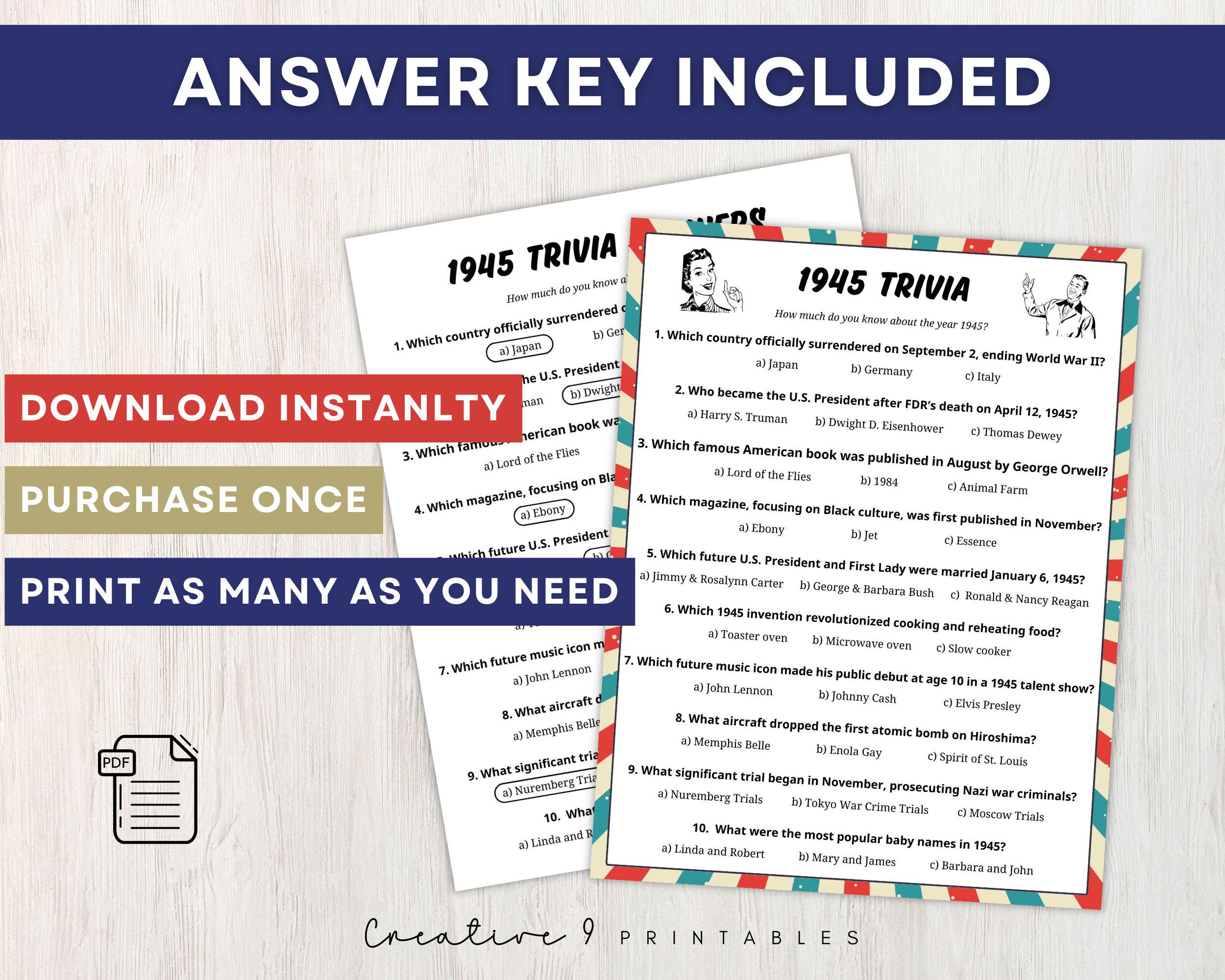 1945 Trivia With Answers, Printable 80th Birthday Game, 10 Fun Quiz ...
