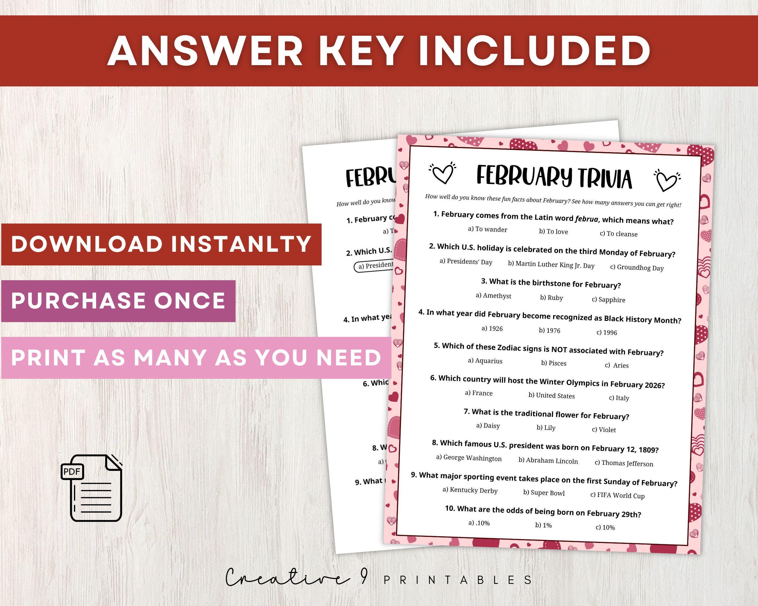 February Trivia Printable Game for Kids and Adults, 10 Fun Facts Quiz ...