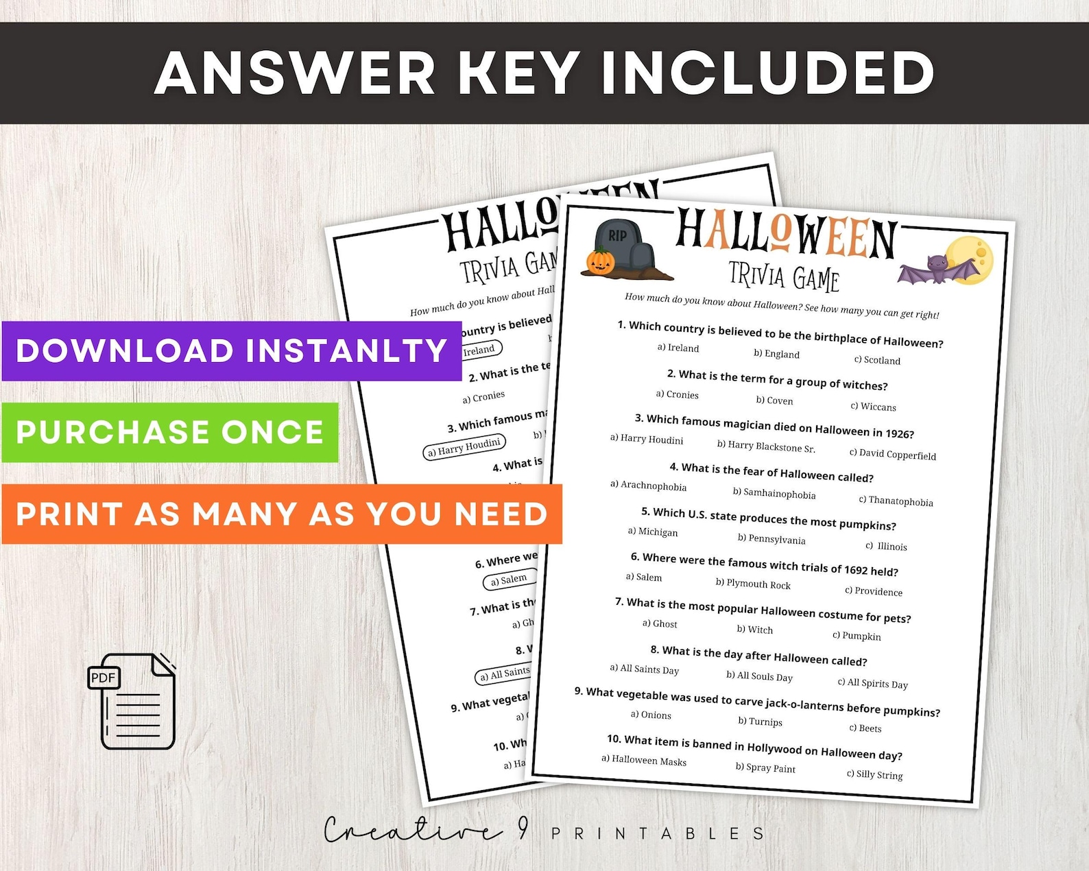 Halloween Trivia Printable Game for Kids and Adults, 10 Trivia ...