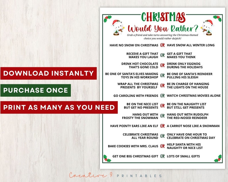 Printable Would You Rather Christmas Game for Kids and Adults ...