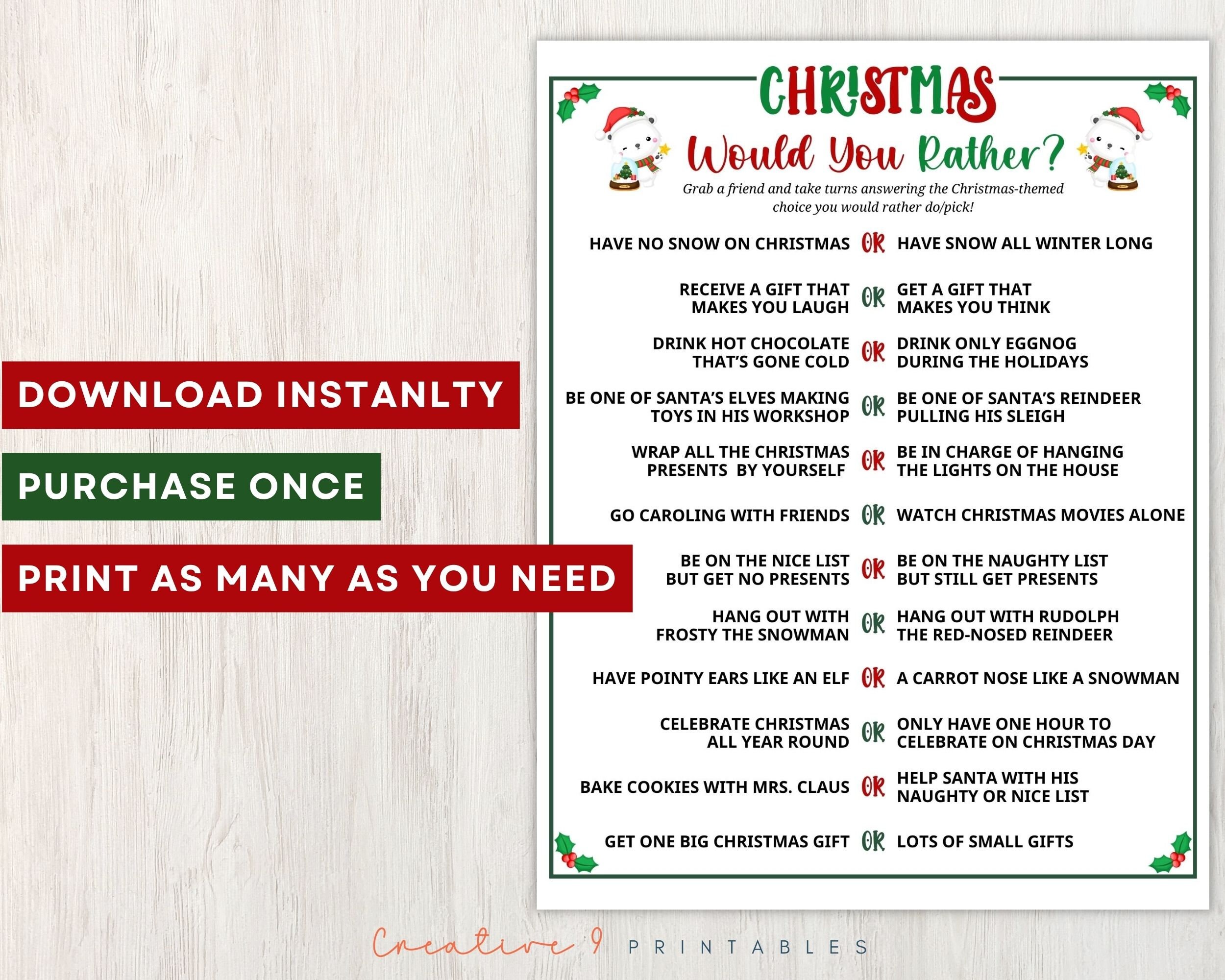 Printable Would You Rather Christmas Game for Kids and Adults ...