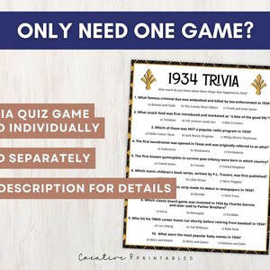 1934 Trivia Game Bundle for Adults and Kids, Seven Fun Printable 92nd ...