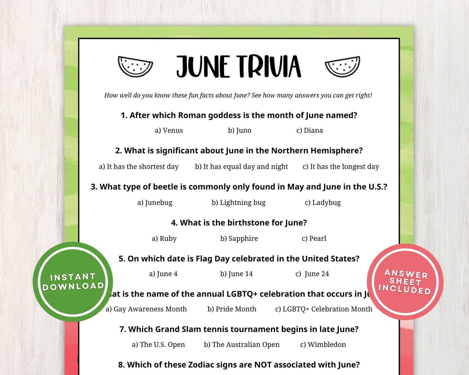 June Trivia Printable Game for Kids and Adults, 10 Fun Facts Quiz ...