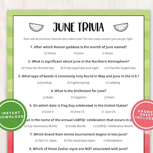 June Trivia Printable Game for Kids and Adults, 10 Fun Facts Quiz ...