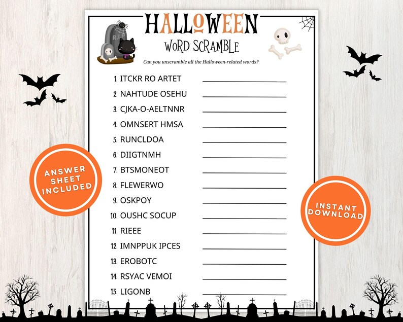 Halloween Word Scramble Printable Game for Kids and Adults With Answers ...