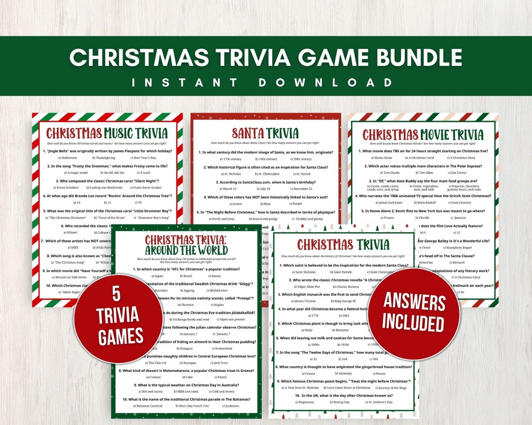 Printable Christmas Trivia Game Pack for Adults and Kids, 5 Christmas ...