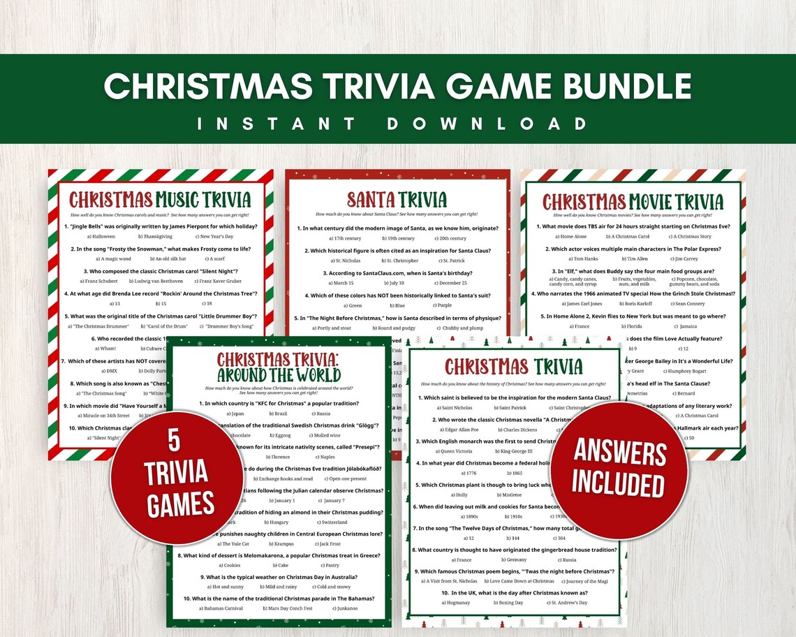 Printable Christmas Trivia Game Pack for Adults and Kids, 5 Christmas ...