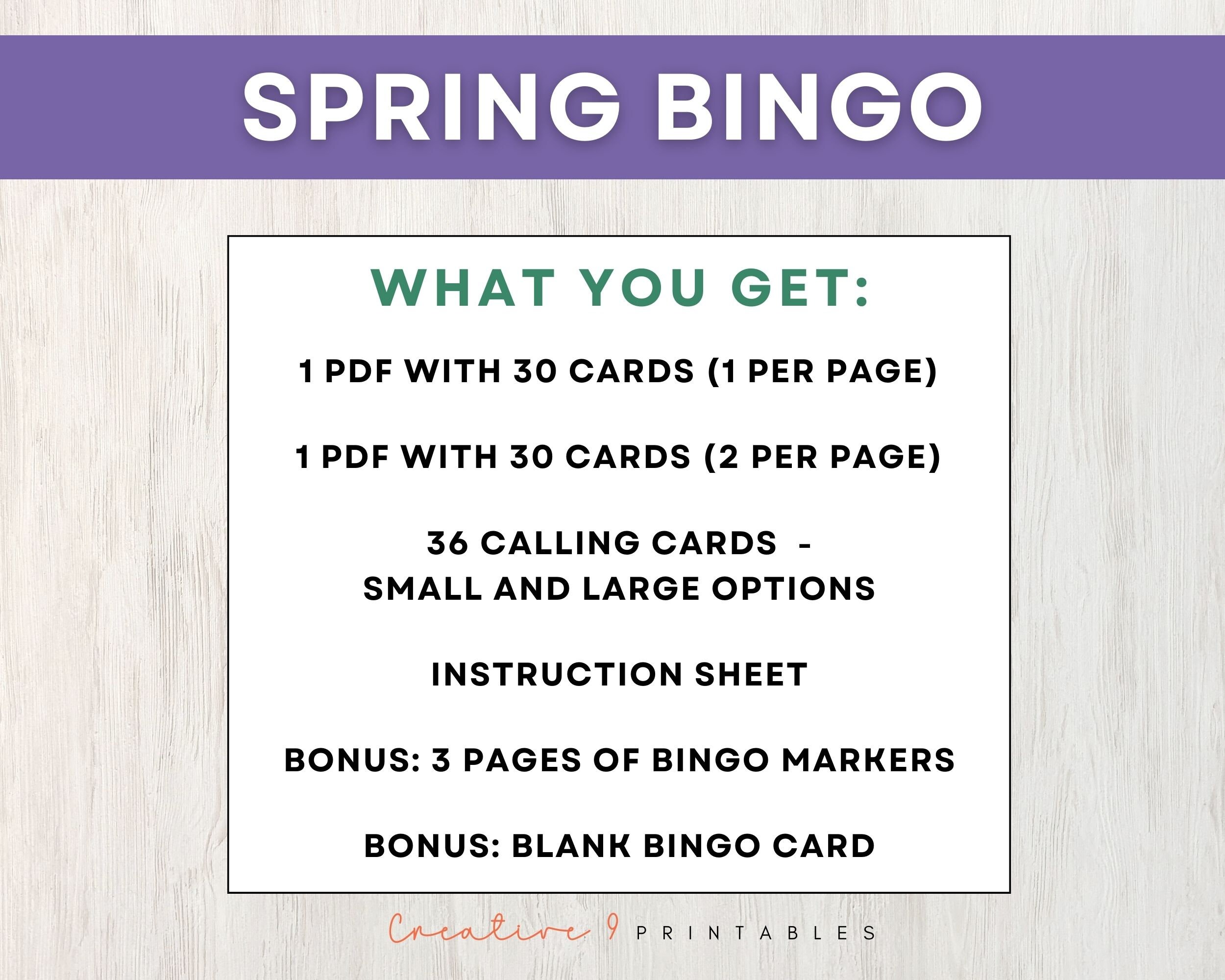 Spring Bingo Game Boards for Kids and Adults, 30 Printable Spring Theme ...