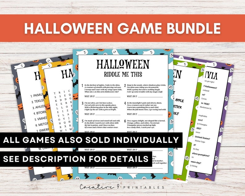 Printable Halloween Party Games Bundle for Kids and Adults, 5 Halloween ...