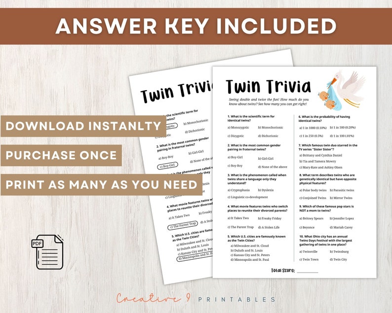 Twin Trivia Baby Shower Printable Game for Adults and Kids, 10 Fun ...