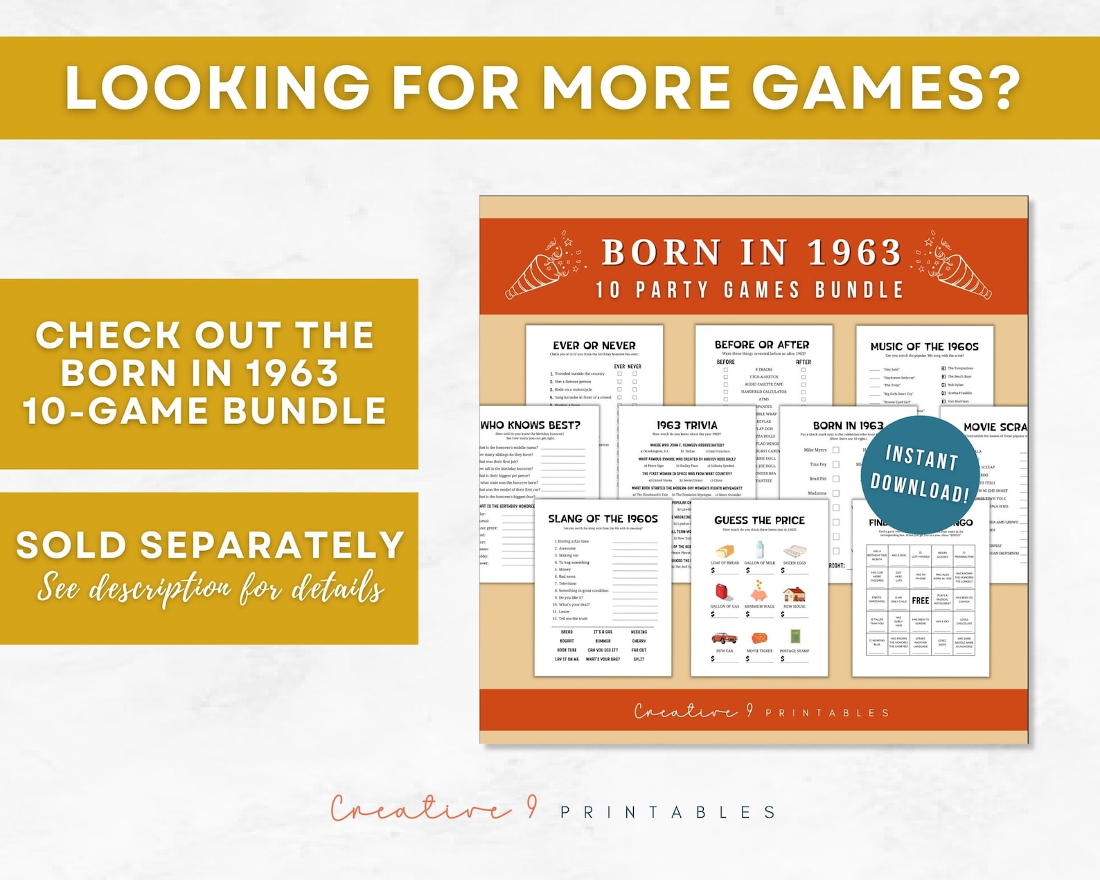 1963 Trivia Game Bundle, Born in 1963 Party Games for Birthday or ...