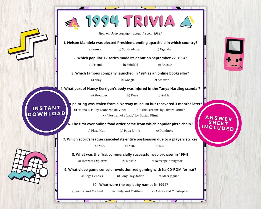1994 Trivia With Answers, Printable 31st Birthday, Reunion, or ...