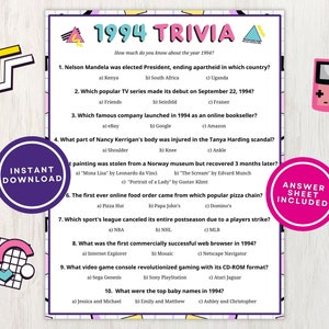 1994 Trivia With Answers, Printable 31st Birthday, Reunion, or ...