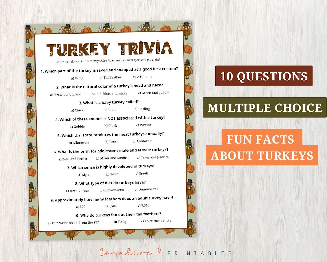 Printable Turkey Trivia Game for Kids and Adults, 10 Thanksgiving ...