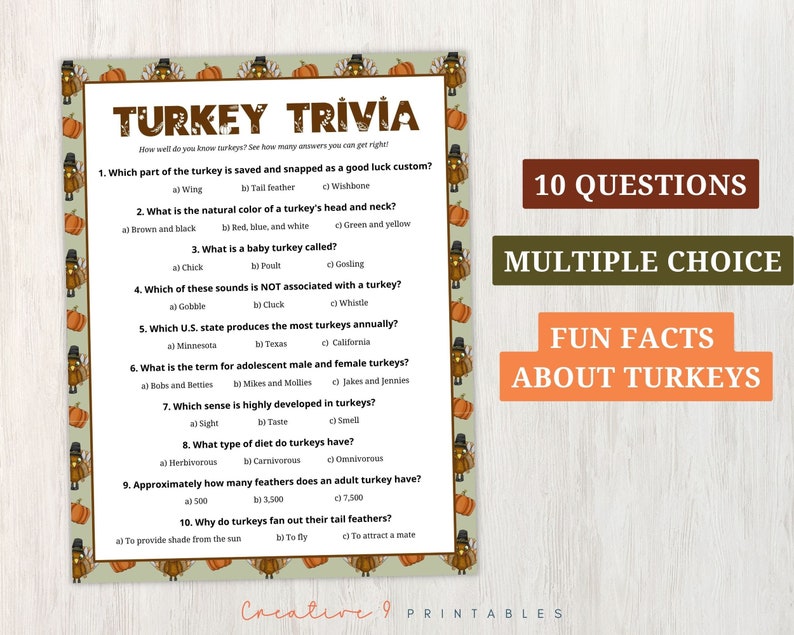 Printable Turkey Trivia Game for Kids and Adults, 10 Thanksgiving ...
