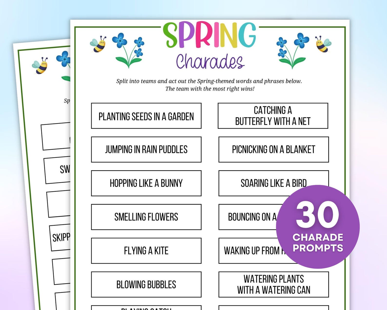 Spring Charades Printable Party Game for Kids, 30 Prompts With Spring ...