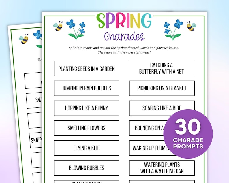 Spring Charades Printable Party Game for Kids, 30 Prompts With Spring ...