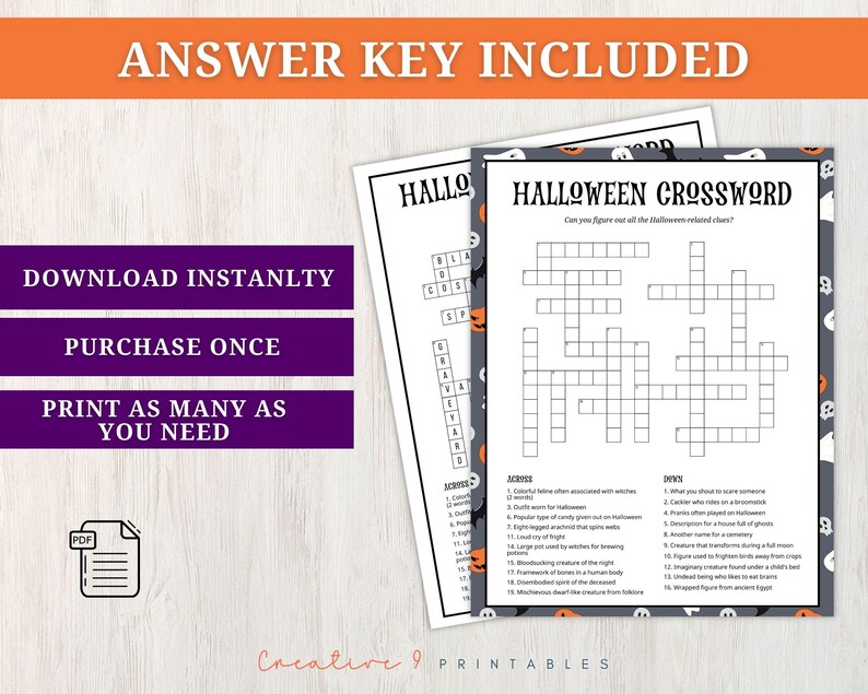 Halloween Crossword Printable Game for Kids and Adults, 20 Halloween ...