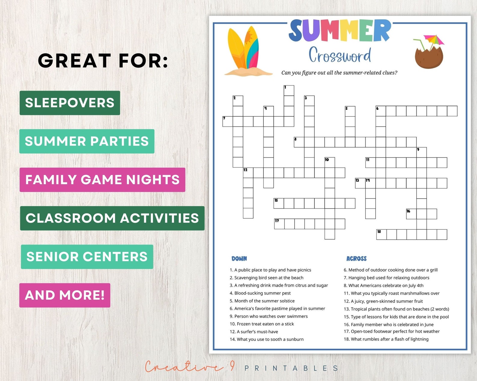 Summer Crossword Puzzle for Kids and Adults, Fun Printable Summertime ...