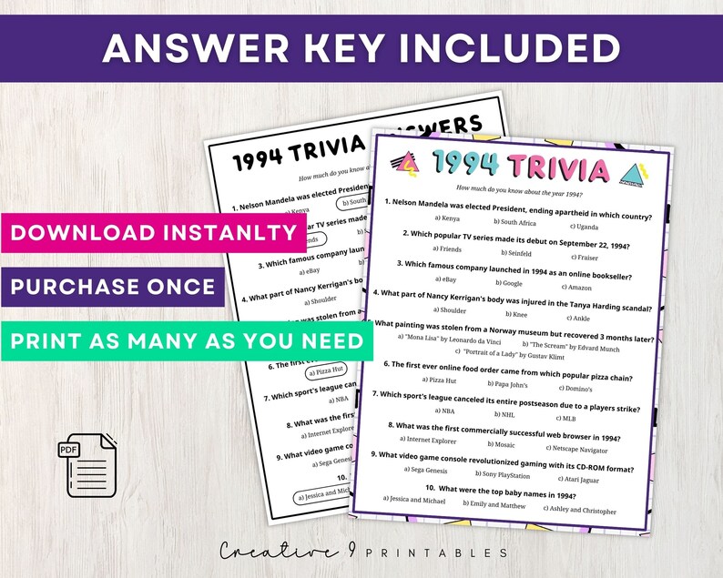 1994 Trivia With Answers, Printable 31st Birthday, Reunion, or ...