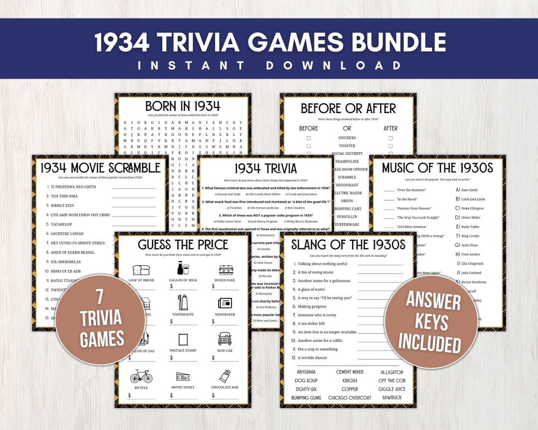 1934 Trivia Game Bundle For Adults And Kids Seven Fun Printable 92nd
