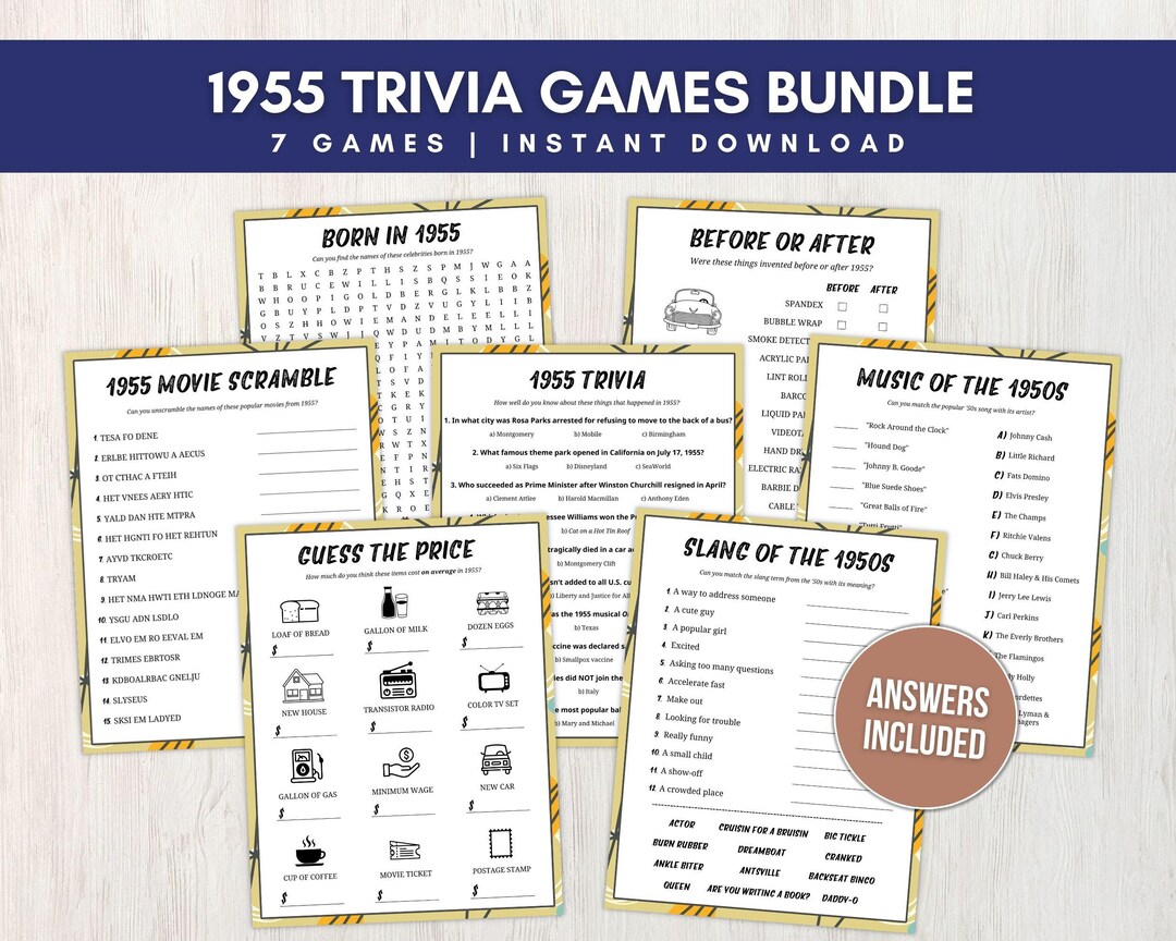 1955 Trivia Game Bundle for Adults, 69th Birthday Party Games With ...