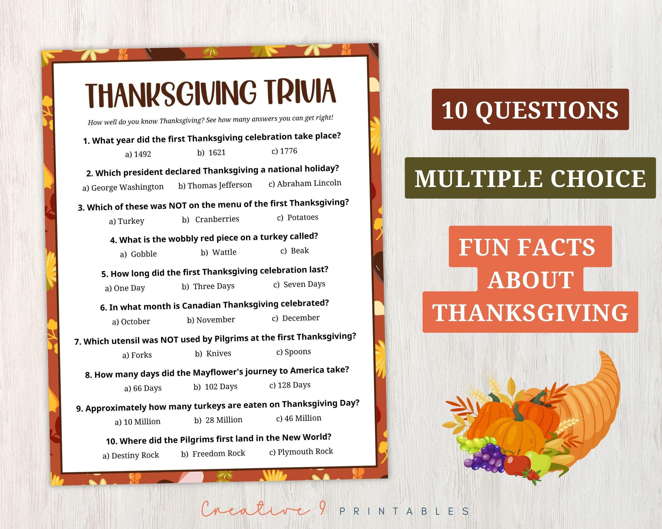 Thanksgiving Trivia Game Printable for Kids and Adults, 10 Thanksgiving ...