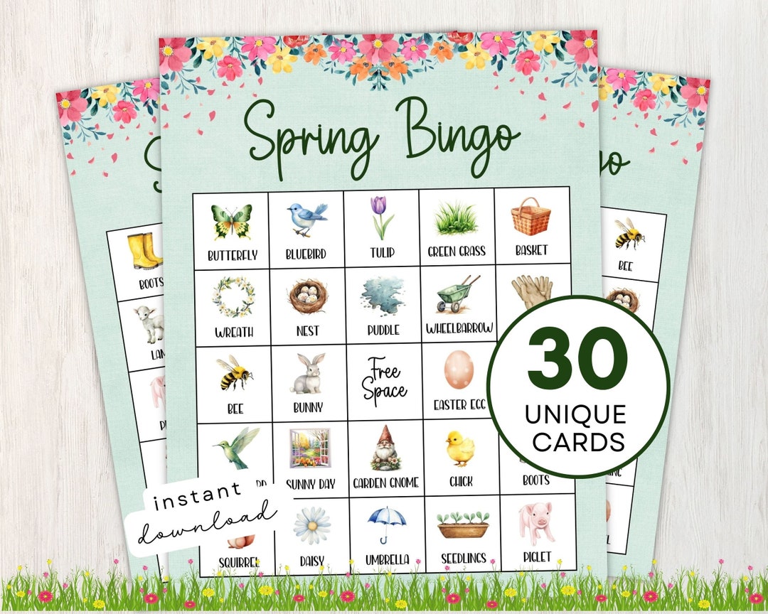 Spring Bingo Game Boards for Kids and Adults, 30 Printable Spring ...