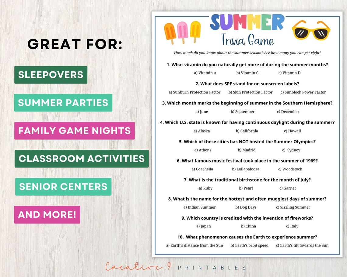 Summer Trivia Printable Game for Kids and Adults, 10 Summertime ...