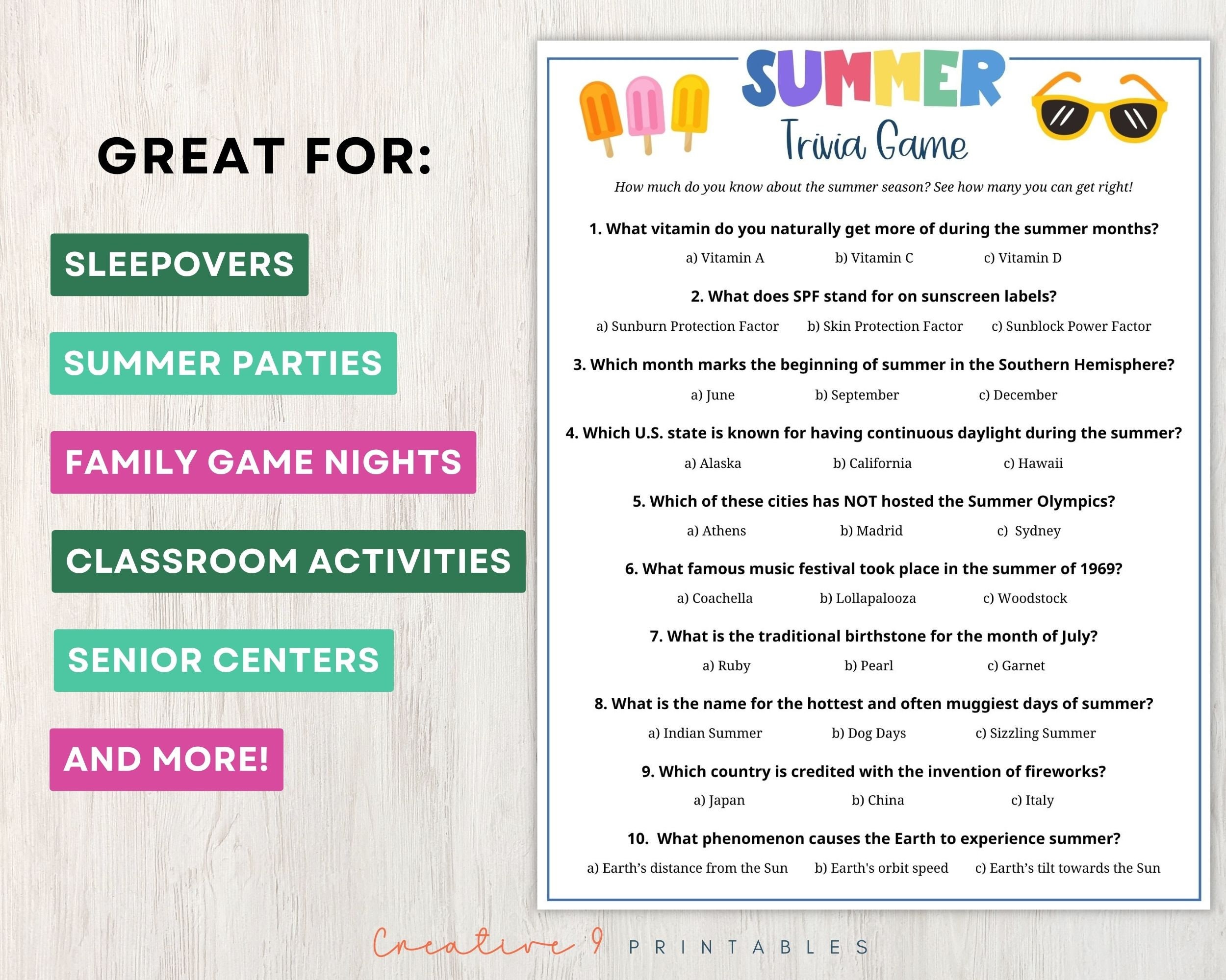 Summer Trivia Printable Game for Kids and Adults, 10 Summertime ...